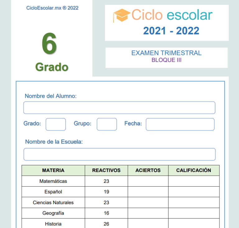 🥇 Examen Trimestral Sexto 6to Grado Bloque 3 2022-2023